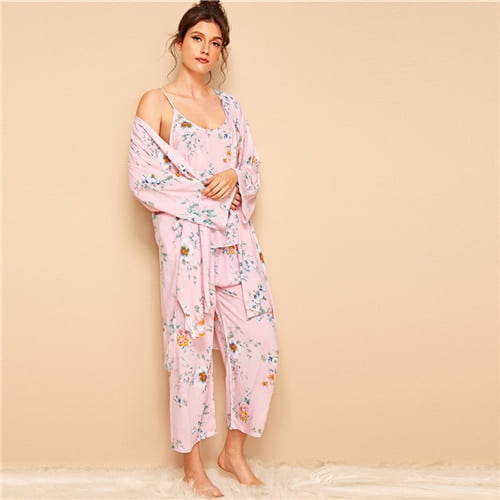 Womens Floral Printed Cami Pajama Set With Robe